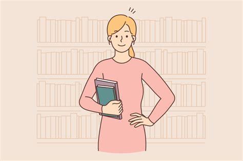 Smiling Woman Holding Books Standing In Library Library Cheerful