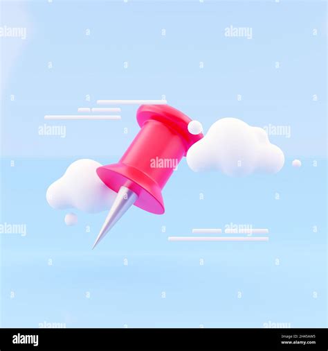 3d Render Red Push Pin With Cloud Isolated On Blue Background Thumbtack 3d Render Illustration