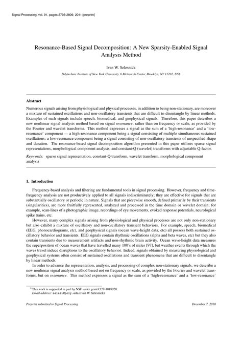 Pdf Resonance Based Signal Decomposition A New Sparsity Enabled