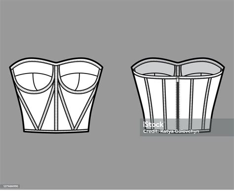성형 컵 밀착 핏 백 지퍼 패스닝 크롭 길이가 있는 코르셋 스타일의 뷔스티에 탑 테크니컬 패션 일러스트레이션 0명에 대한 스톡 벡터 아트 및 기타 이미지 Istock