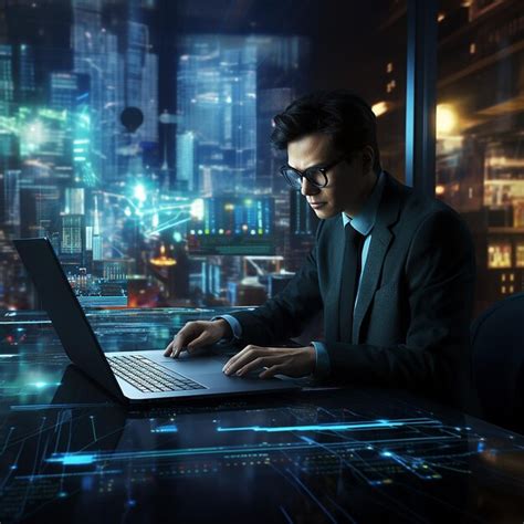 Premium Ai Image Data Scientist Programmer Using Laptop Analyzing Financial Data On Futuristic