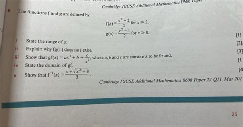 8 The Functions F And G Are Defined Bycambridge Igcse Additional Mathema