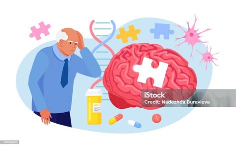 노인 환자는 그의 머리를 잡고 알츠하이머 병 기억 상실로 고통 기억 상실 뇌 질환 치료 알츠하이머 병 치매 도티지 개념 신경학