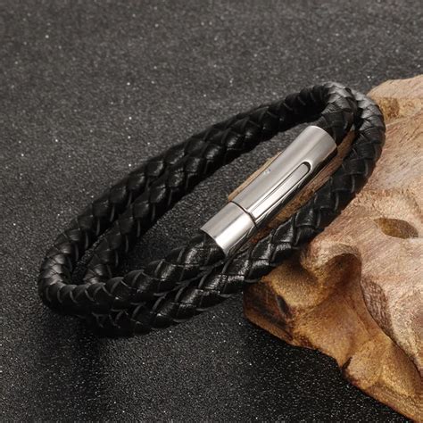 Mens Bracelet 2 Layers Black Braided Leather Bracelets For Men