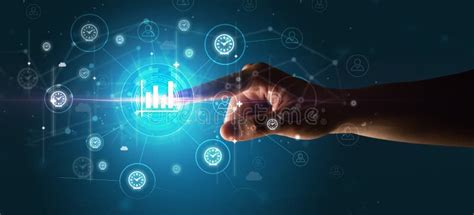 businessman hand pressing stock graphic information on multitouch