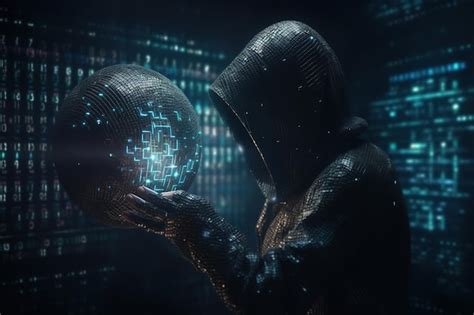 서버실 배경 메타버스 디지털 세계 기술에 후드 취약점과 해커코딩 악성코드 개념을 가진 사이버 보안 컴퓨터 해커가 이진 데이터를 깨뜨립니다 프리미엄 사진