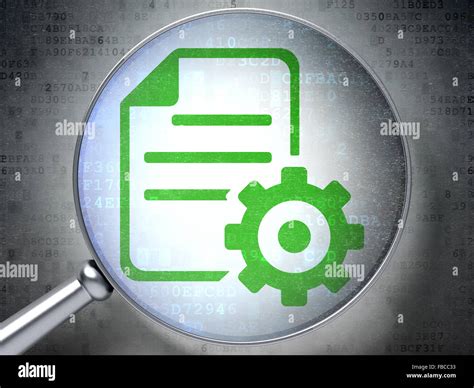 Database Concept Gear With Optical Glass On Digital Background Stock