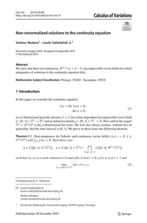 Pdf Non Renormalized Solutions To The Continuity Equation