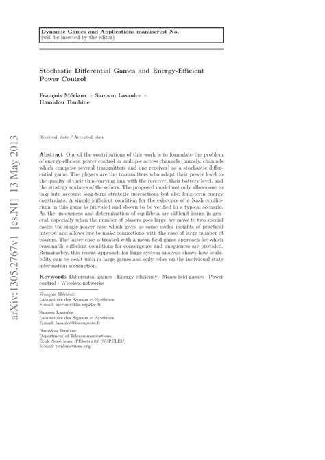 Pdf Stochastic Differential Games And Energy Efficient Power Control