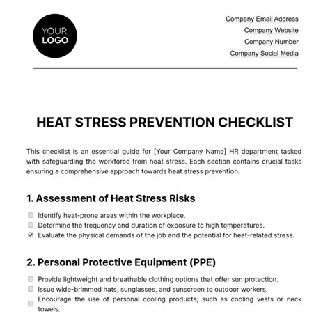 Free Heat Stress Prevention Checklist Hr Template To Edit Online