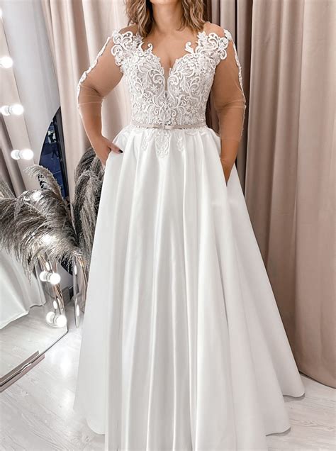 A Line Illusion Neckline Lace Appliqued Bodice Satin Plus Size Wedding
