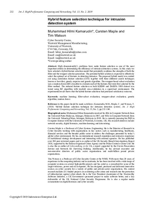 Pdf Hybrid Feature Selection Technique For Intrusion Detection System