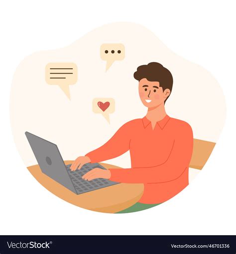 Yong Man Sitting At The Table And Using Laptop Vector Image