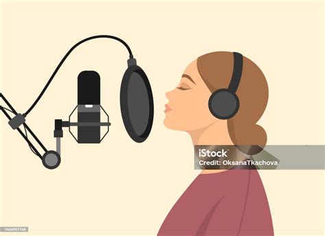 헤드폰을 쓴 보컬리스트 소녀가 스튜디오의 마이크에 노래를 불렀습니다 노래 녹음 과정 Flst 벡터 일러스트 레이 션 가수에 대한 스톡 벡터 아트 및 기타 이미지 Istock