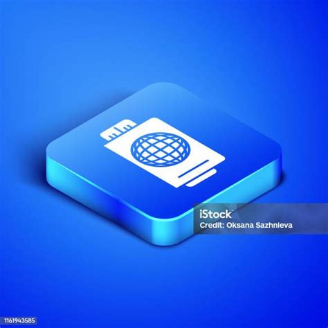 파란색 배경에 격리 된 티켓 아이콘이있는 아이소메트릭 여권 식별 문서 개념 여행 및 관광 파란색 사각형 버튼입니다 벡터 일러스트레이션 개념에 대한 스톡 벡터 아트 및 기타