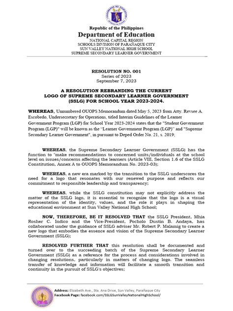 Svnhs Sslg Resolution No 1 S2023 Pdf
