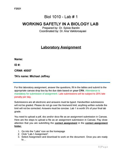 Lab Lab Assignment F Biol Lab WORKING SAFETLY IN A BIOLOGY LAB Prepared By