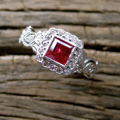 Items Similar To Square Cut Ruby Engagement Ring In 18k White Gold With