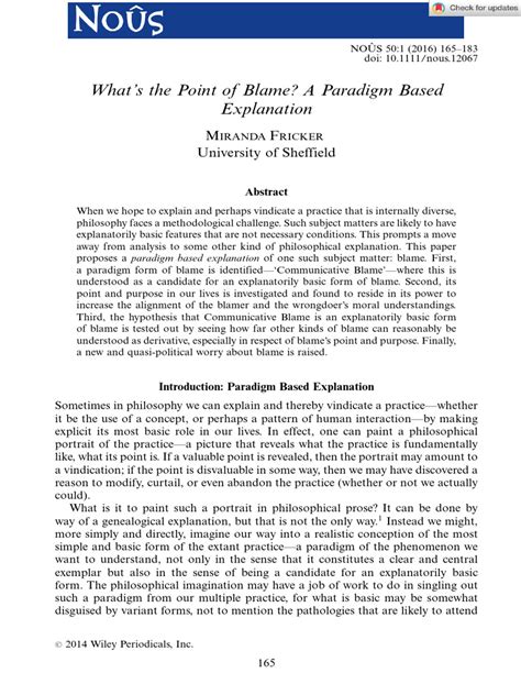 Nous 2014 Fricker What S The Point Of Blame A Paradigm Based