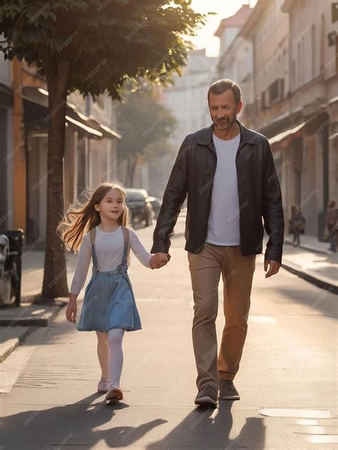 Premium Photo A Father Walks Down The Street With His Daughter