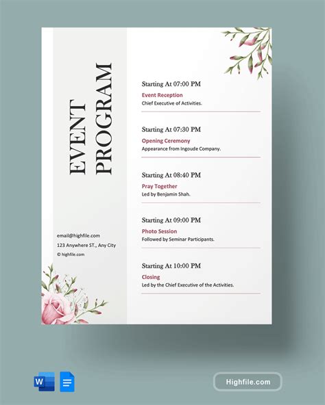 Event Program Template Word Google Docs Highfile