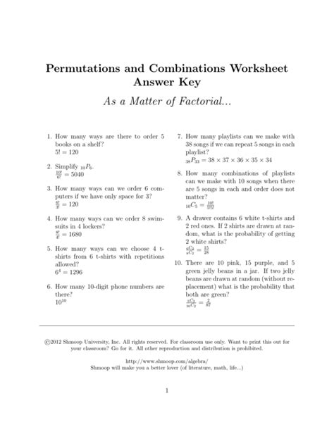 Permutations And Combinations Worksheet Answers — Db