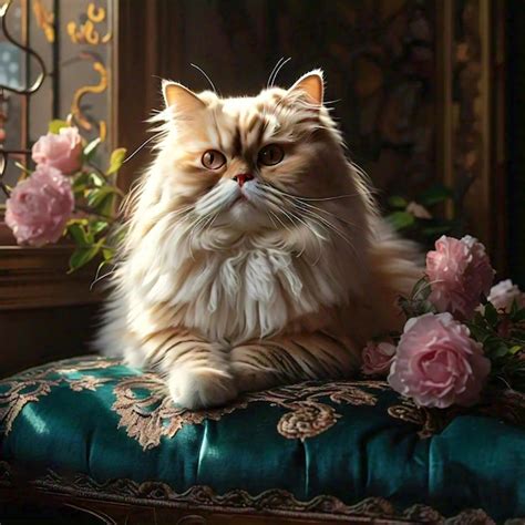 A Majestic Persian Cat Sitting Regally On A Velvet Cushion Premium Ai