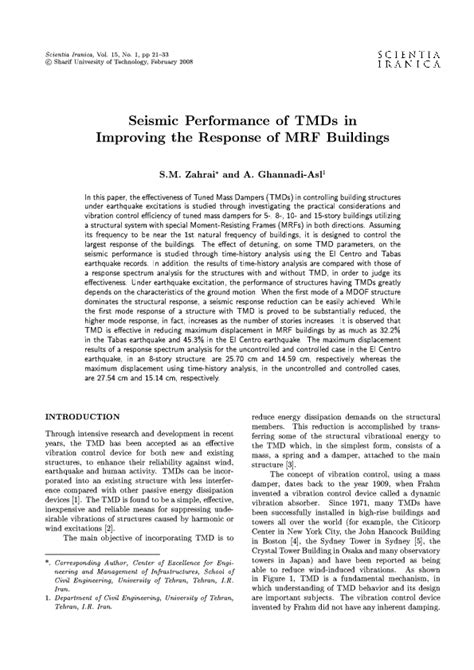 Pdf Seismic Performance Of Tmds In Improving The Response Of Mrf