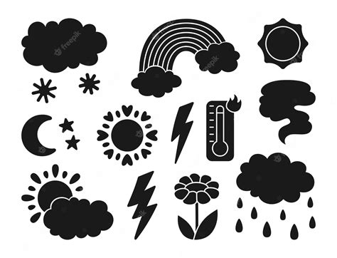 Icono Del Tiempo Conjunto Silueta Sello Sol Nubes Termómetro Clima
