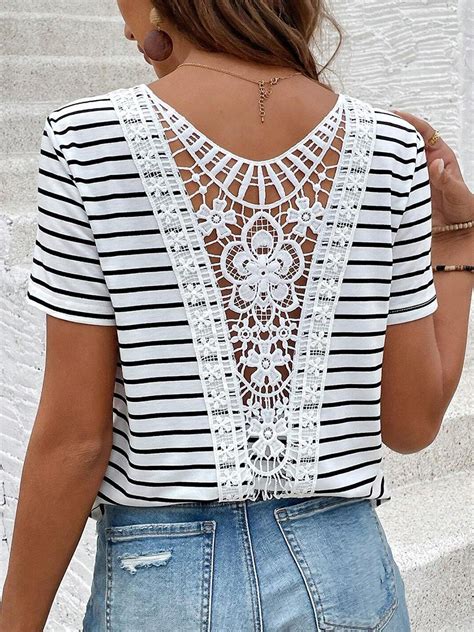 Womens Short Sleeve Tee Summer Striped Lace Hollow Out V Neck Going