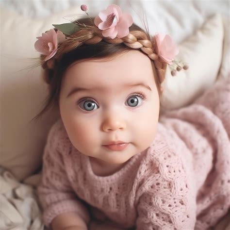Linda niña con flores en el pelo en la cama Foto Premium