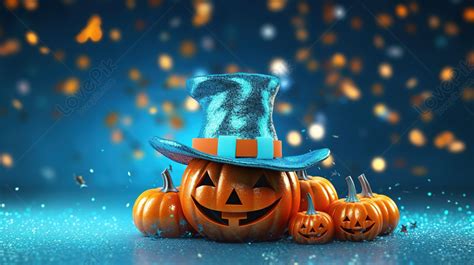 할로윈 기쁨 파란색 배경에 반짝이 잭 오랜턴 파티 모자 장식의 생생한 3d 렌더링 할로 배경 잭 배경 반짝 배경 이미지 Hd 할로 잭 반짝 배경 사진 무료