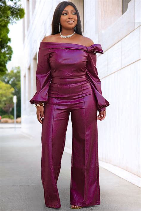 Xpluswear Design Plus Size Semi Formal Pant Set Burgundy Pu Leather Off The Shoulder Lantern