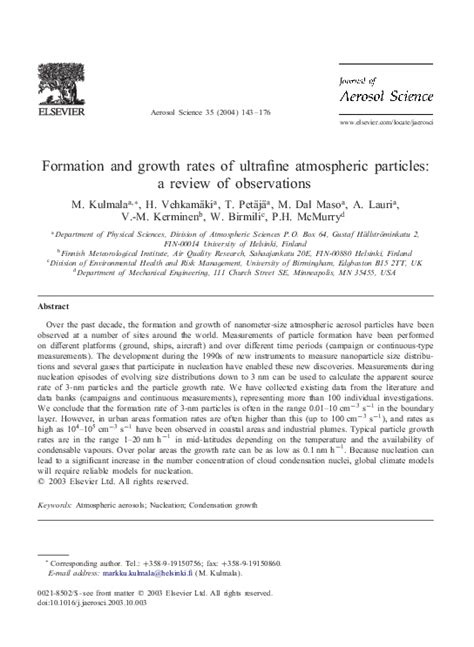 Pdf Formation And Growth Rates Of Ultrafine Atmospheric Particles A Review Of Observations