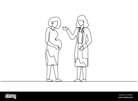 Single One Line Drawing Cute Pregnant Woman At Doctor S Appointment