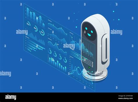 Isometric Ai Robot Interacting With Digital Analytics Interface