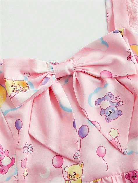 Romwe Kawaii Cartoon Graphic Lace Trim Bow Front Cami Dress For Summer