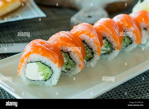 Philadelphia Roll Sushi With Salmon Prawn Avocado Cream Cheese