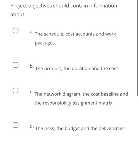Solved Project Objectives Should Contain Information Chegg