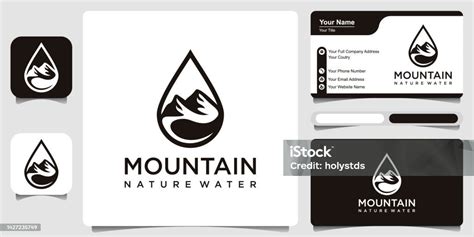 산과 잎 라인 아트 스타일 명함 디자인과 결합 된 물 디자인 로고에 대한 스톡 벡터 아트 및 기타 이미지 로고 방울 산