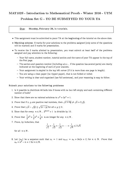 Problem Set G MAT102S Introduction To Mathematical Proofs Winter