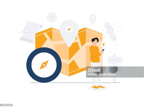 Gps 네비게이션 거대한 도시지도 도로 여행 경로 홈 마커 여행 나침반 위치 내비게이션 응용 프로그램 개념 그림을 사용하여 도로 방향을 자동으로 찾는 남자와 Brand