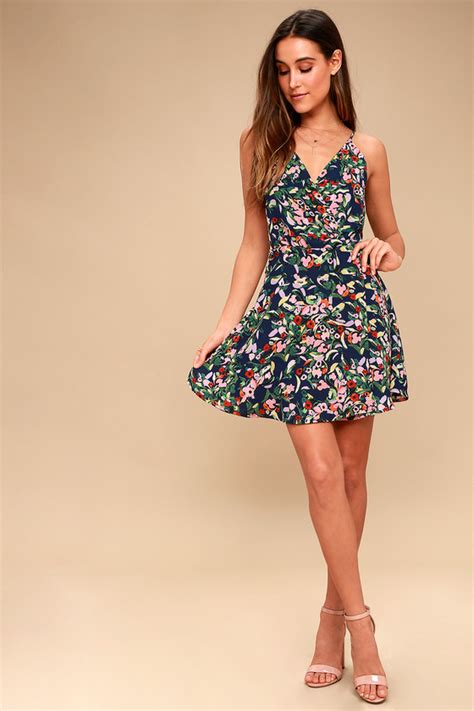 Lovely Navy Blue Dress Floral Print Dress Skater Dress Lulus