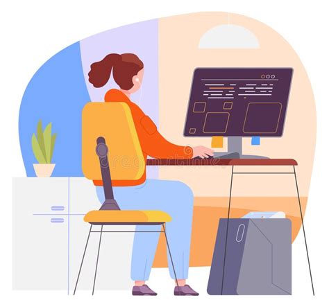 Female Programmer Back View Young Freelancer Workplace Stock Vector Illustration Of Internet