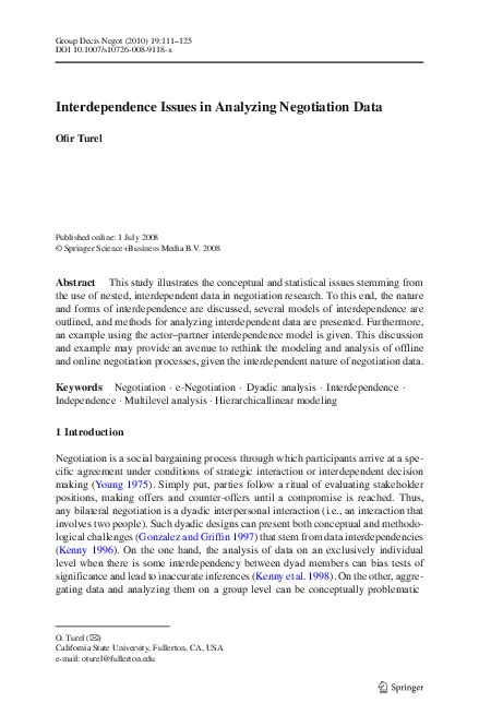 Pdf Interdependence Issues In Analyzing Negotiation Data