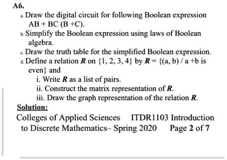 A Adraw The Digital Circuit For Following Boolean Expressior Ab Bc B C B Simplify The Boolean