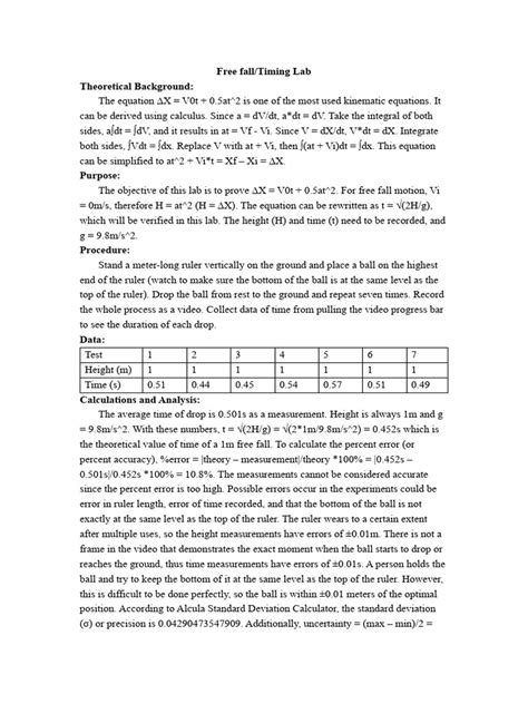 Free Fall Timing Lab 2 Pdf Standard Deviation Errors And Residuals
