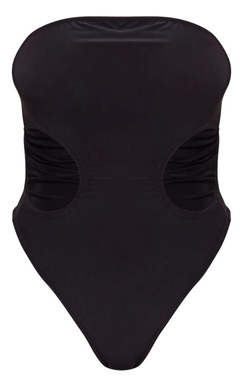 Black Bandeau Slinky Cut Out Bodysuit Tops Prettylittlething