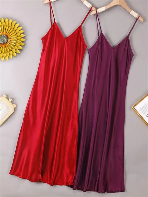 Solid Satin Nightdress Seductive V Neck Spaghetti Strap Temu New Zealand