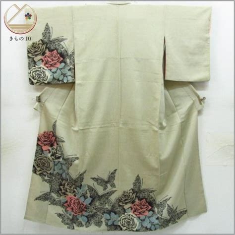 【全体的に状態が悪い】★着物10★ 1円 絹 付下げ アンティーク 薔薇 蝶 袷 身丈160cm 裄63cm 同梱可 の落札情報詳細